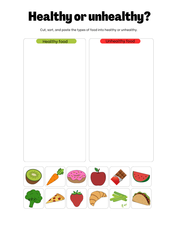 Cut and Paste Healthy & Unhealthy Foods Sorting Activity – Mommy & Me ...